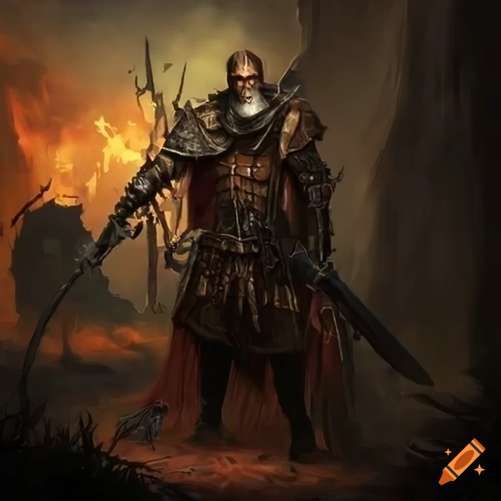 Rugged frontier hunter Garrock the Wanderer with sword and bows in a ...