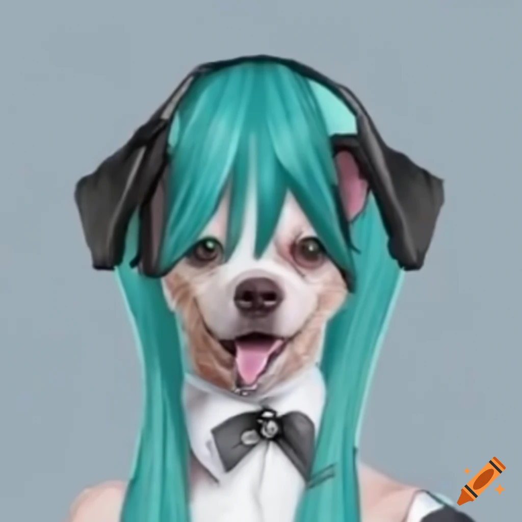 Dog wearing a Miku filter in a humorous meme on Craiyon
