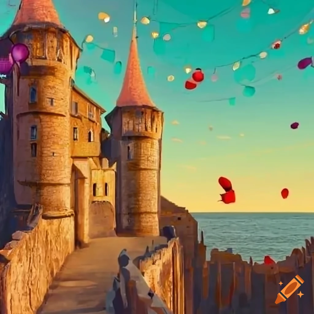 Medieval town on a cliff by the sea with colorful buildings and castle ...