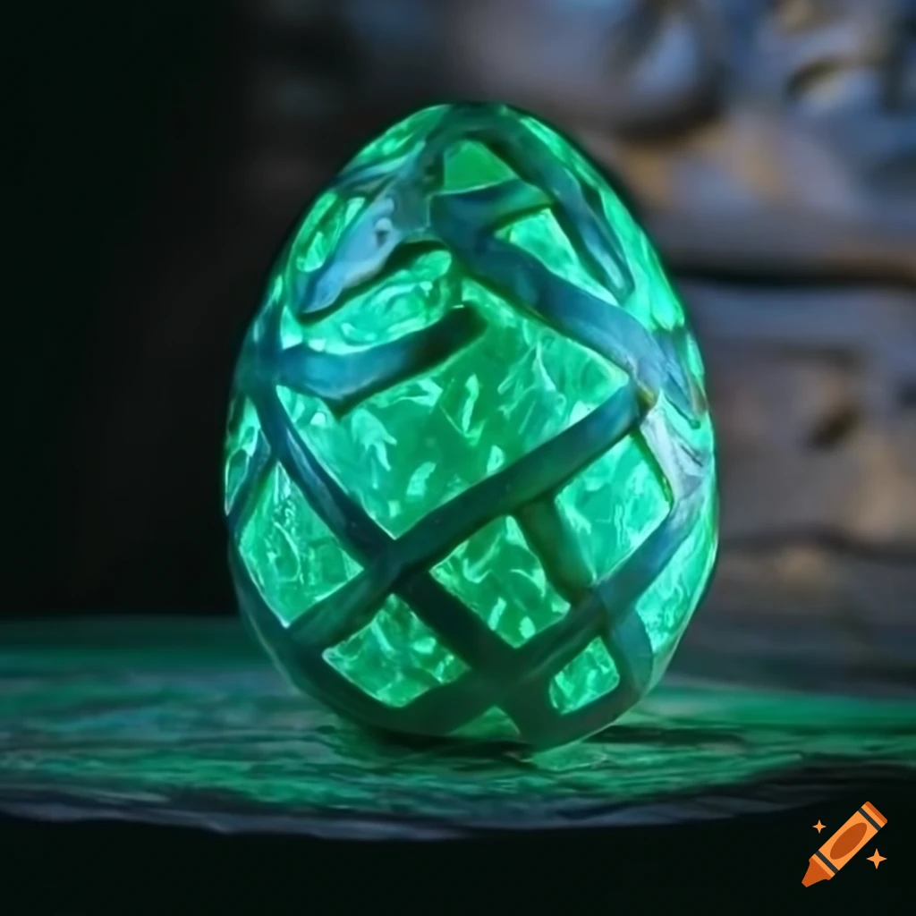 Emerald green seaweed dragon egg with celtic knotwork design and ...