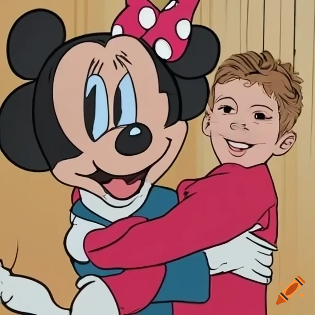 Minnie mouse embracing a boy in a heartwarming scene on Craiyon
