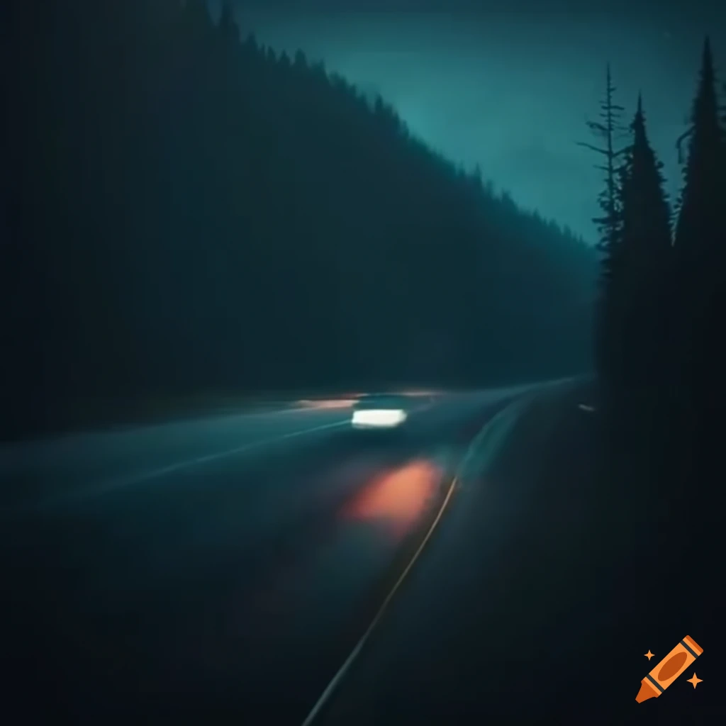 Creepy drive through dark forest and mountains on a dark night on Craiyon