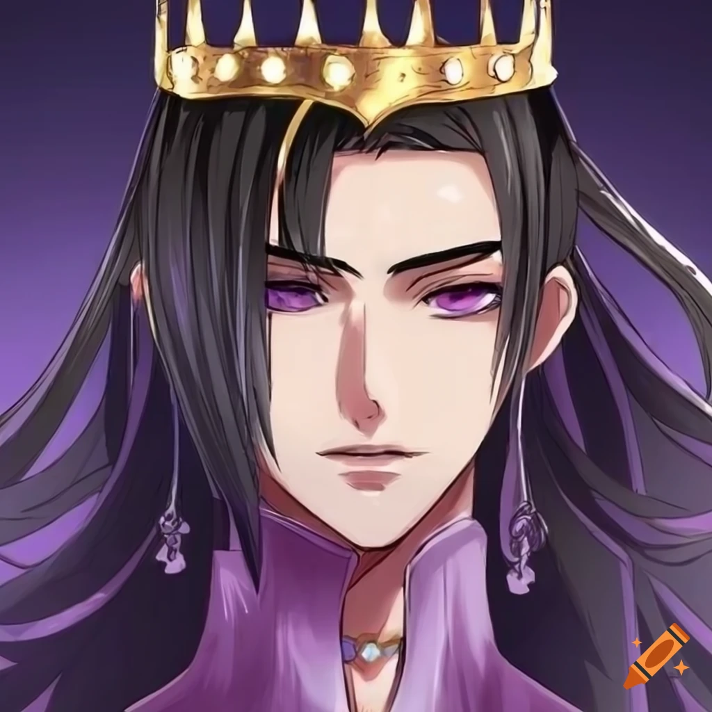 Young handsome king with purple eyes and long black hair wearing a ...