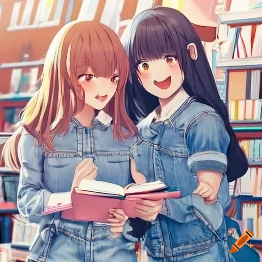 Cheerful anime girls studying with books in a crowded book market on ...