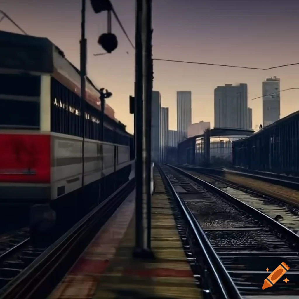 Gta 5 loading screen landscape with miami and a train station on Craiyon