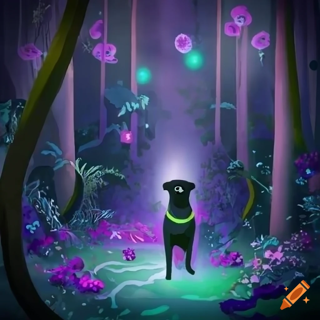 Majestic Black Labrador Retriever in an enchanted forest under bright ...