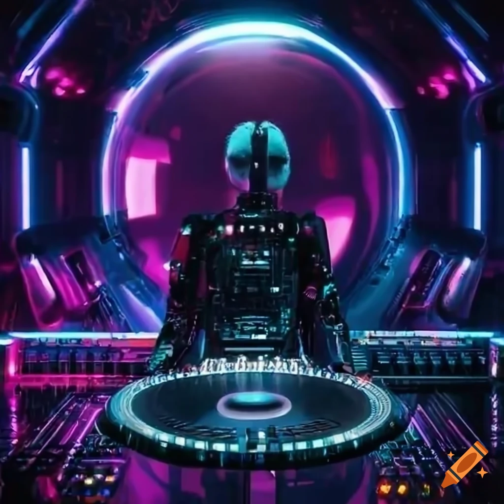Cybernetic dj with futuristic platform and dancefloor on Craiyon