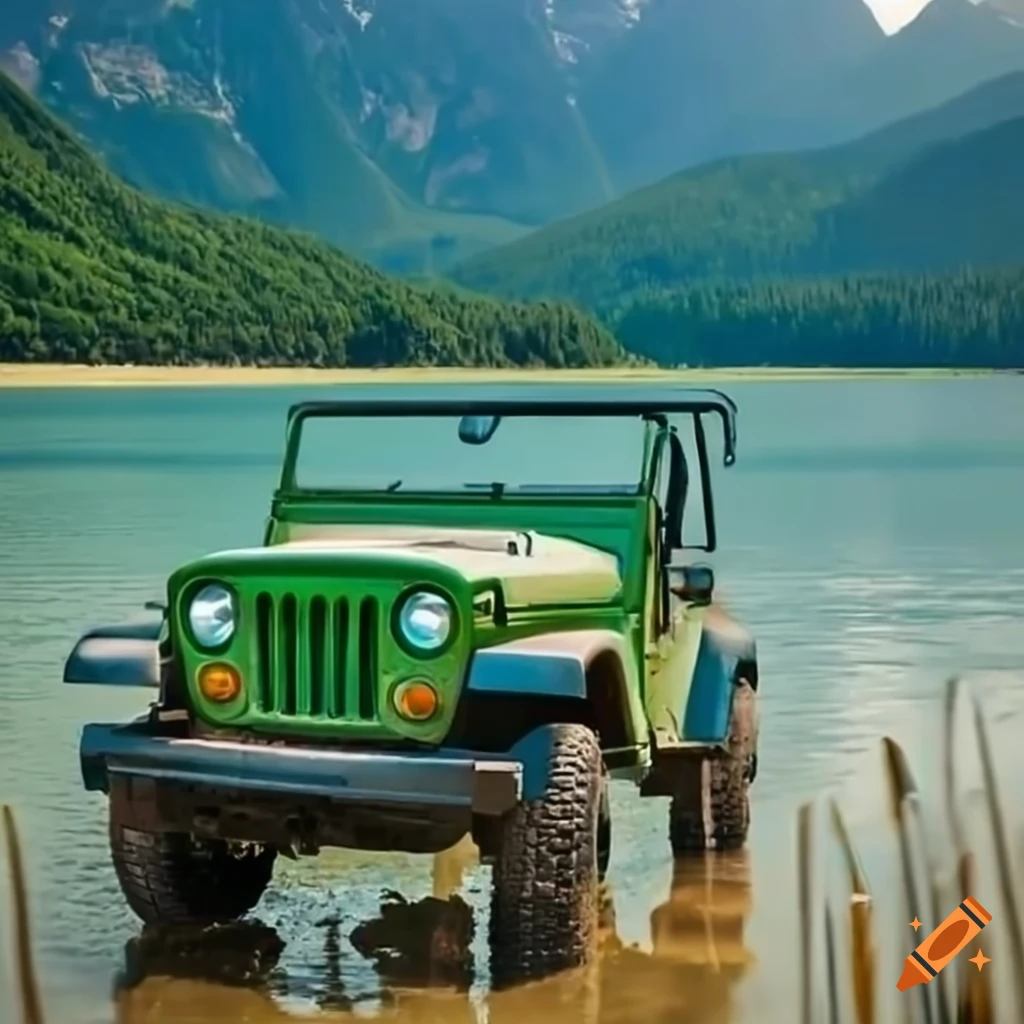 Green jeep in a shallow lake surrounded by nature with mountains in the ...