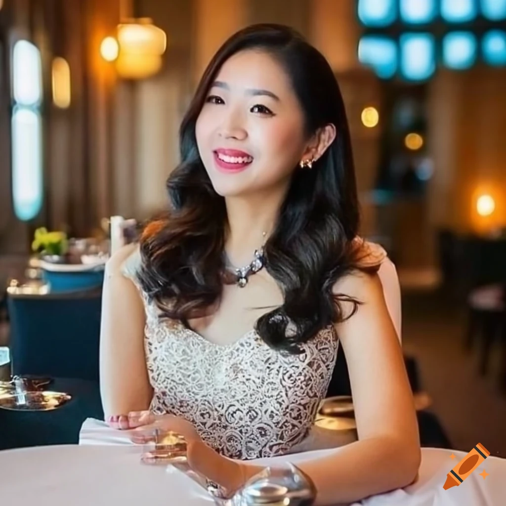 Elegant 20 year old Asian lady dining in an upscale restaurant on Craiyon