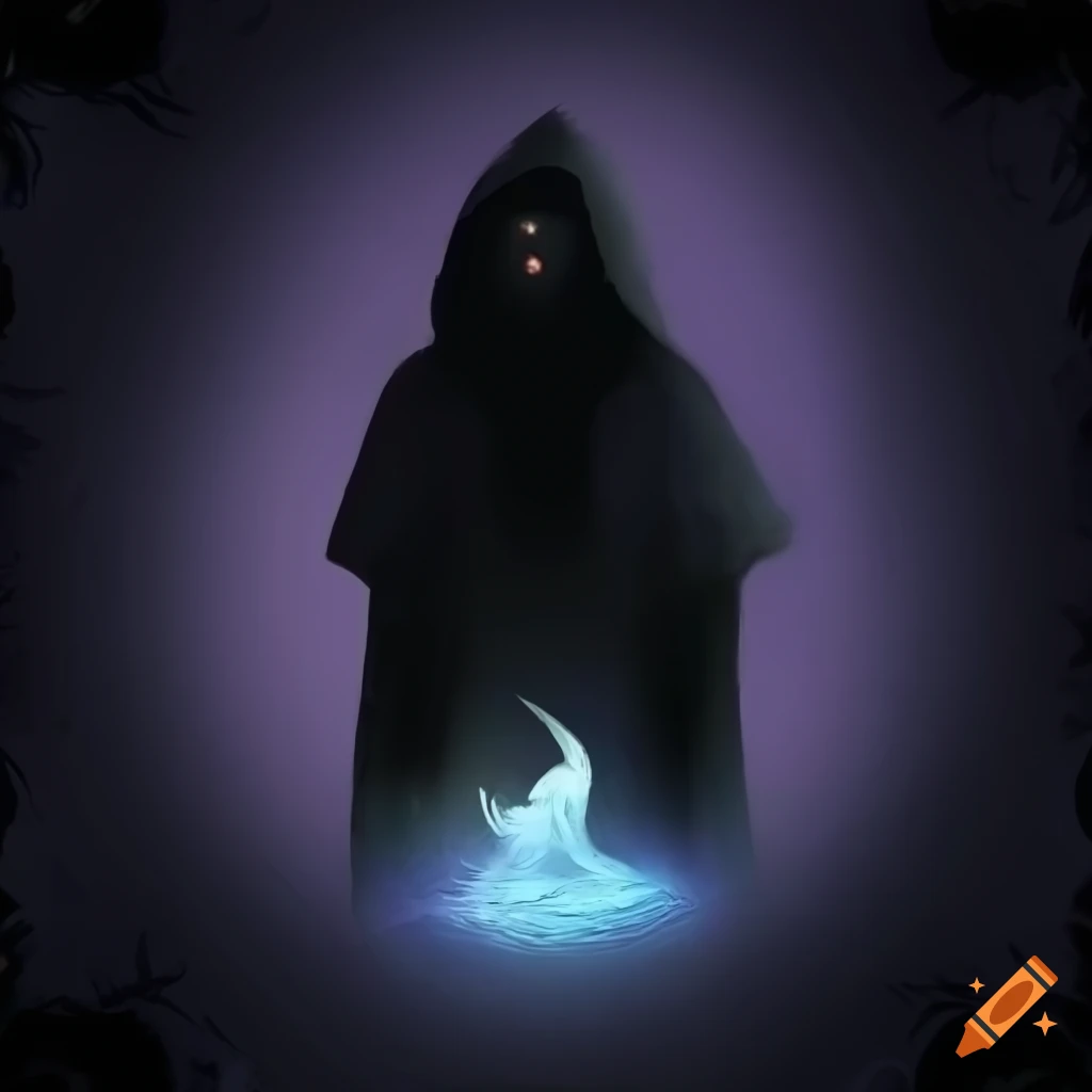 Floating spirit shrouded in a black cloak emitting black feathers on ...