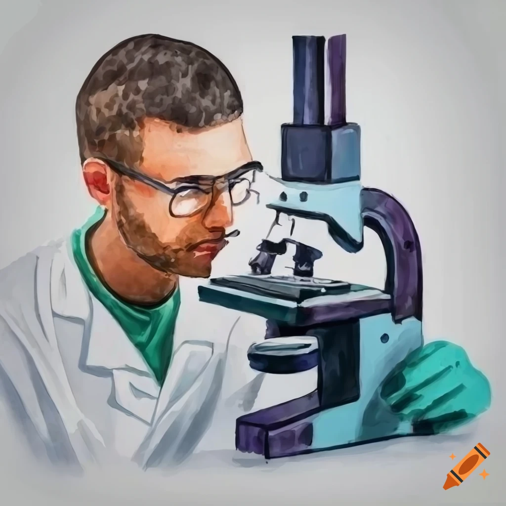 Scientist with microscope in watercolor drawing on white background on ...
