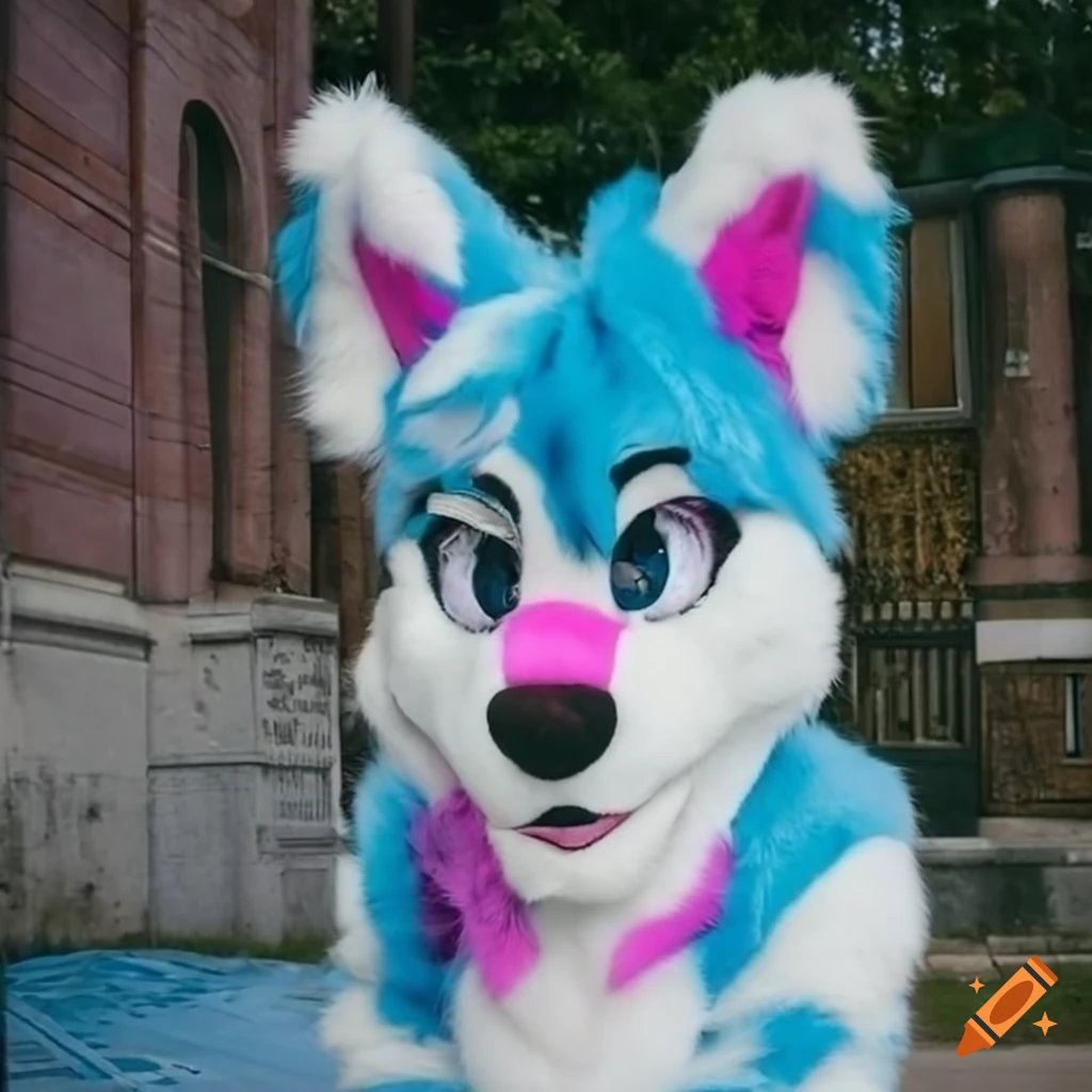 Person in blue, white, and pink dog fursuit outdoors on Craiyon Person in blue, white, and pink dog fursuit outdoors on Craiyon