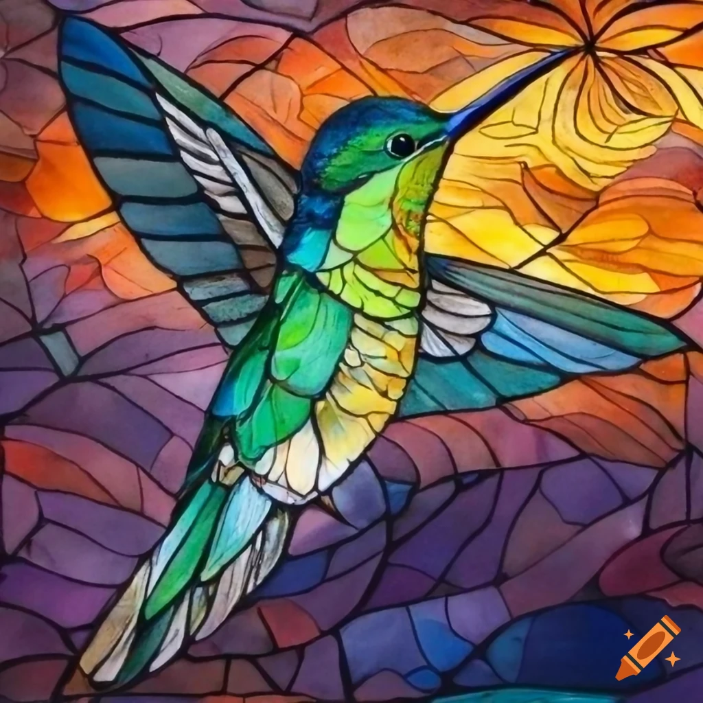 Stained glass art of a hummingbird in golden hour by greg rutkowski on ...