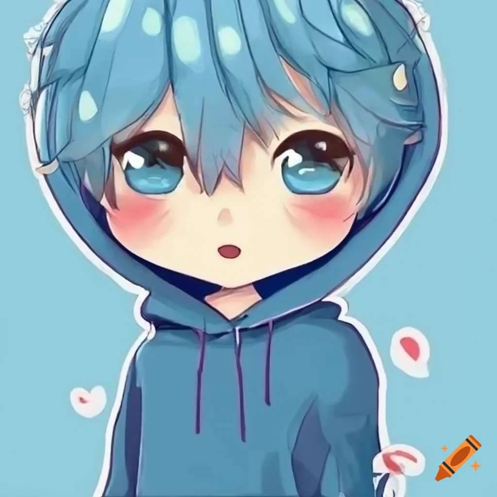 Cartoon cute chibi boy with light blue hair and swirl eyes in blue ...