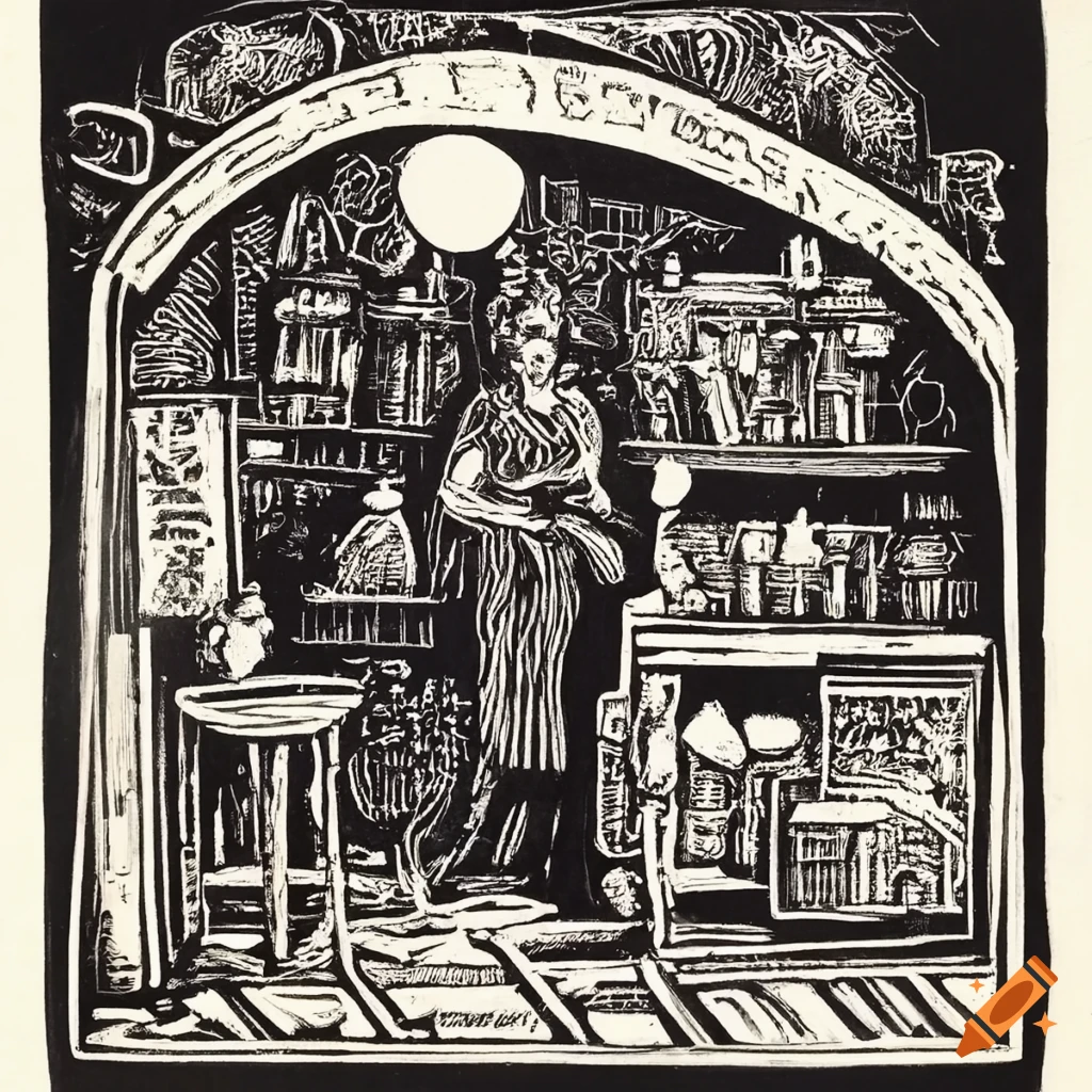 Elven shop keeper in a curiosity shop depicted in a linocut on Craiyon