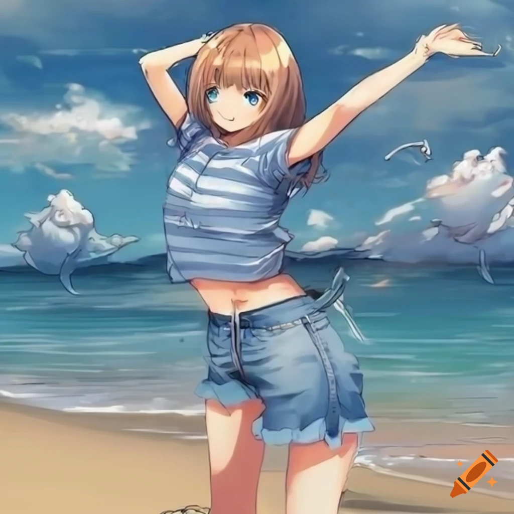 Anime Girl Walking On The Beach In Blue And White Stripped T Shirt And