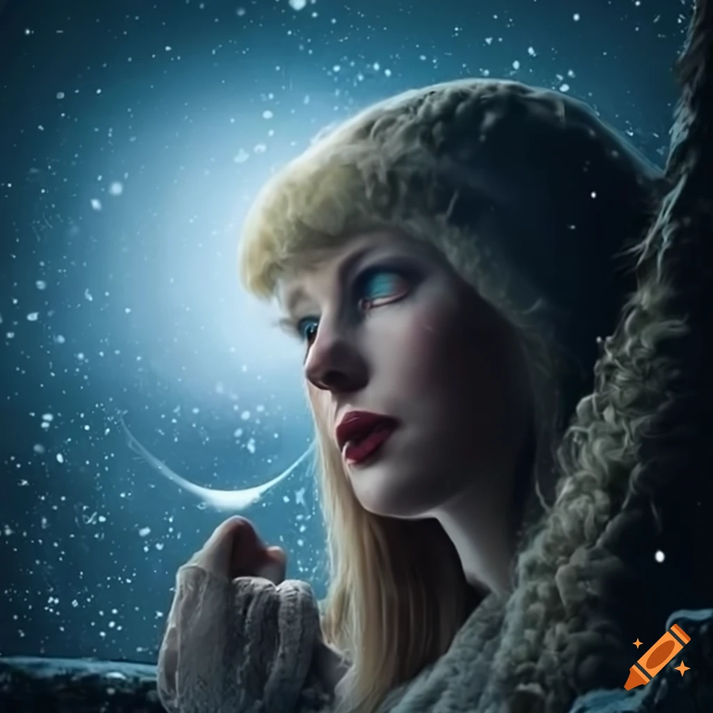 Woman watching the moon and snow from a viking castle window on Craiyon