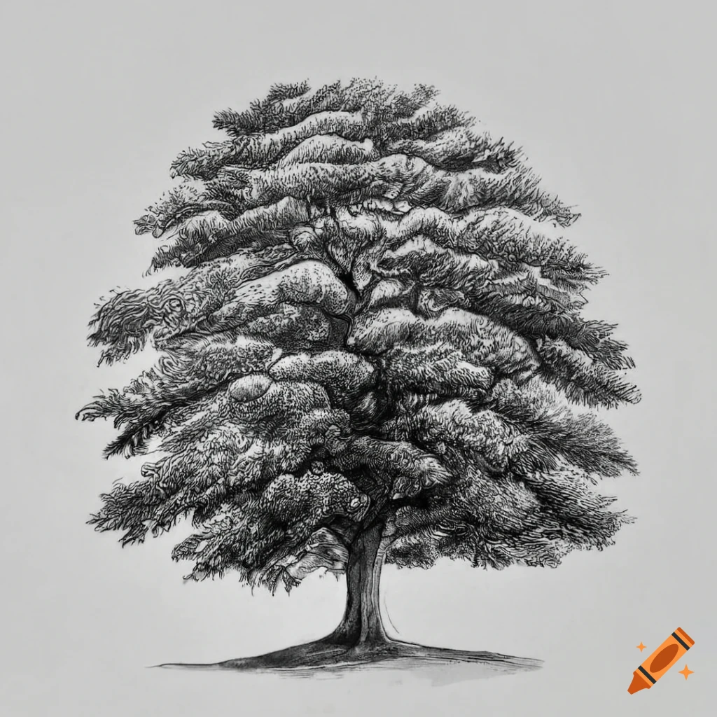 Realistic detailed large oak tree drawing in black and white ink on Craiyon