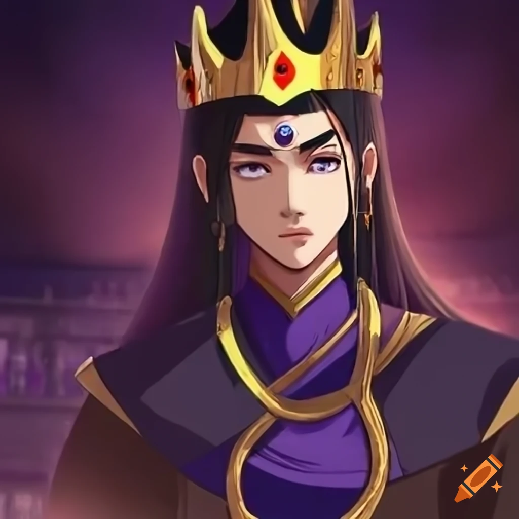 Young handsome king with purple eyes and long black hair standing in ...