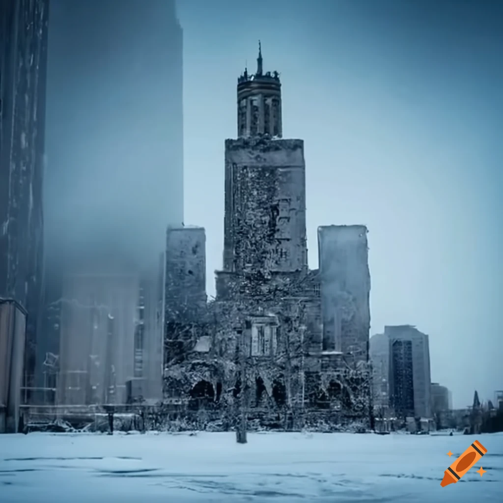 Frozen willis tower ruins in post-apocalyptic chicago during a snow ...