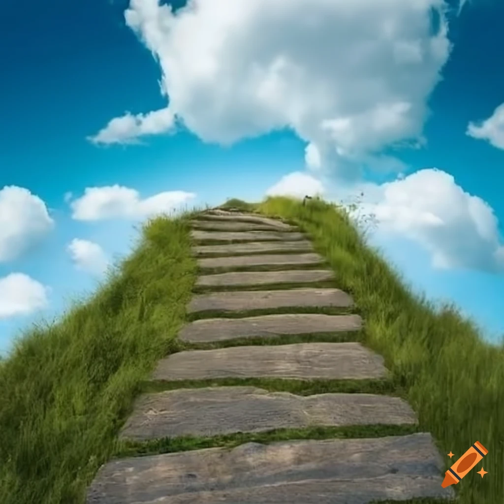 Stone path leading up a small hill under blue sky with white clouds on ...