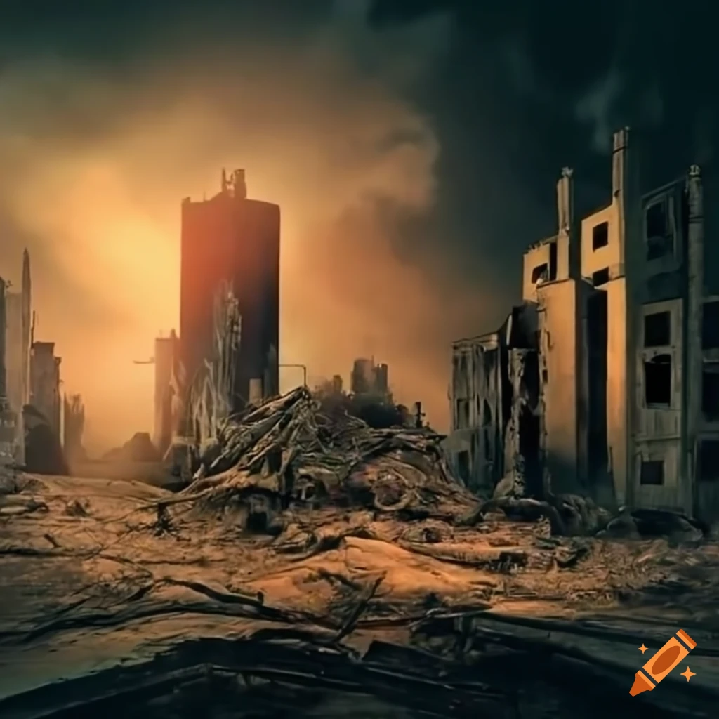 Nuclear wasteland with remnants of buildings and dead trees on Craiyon