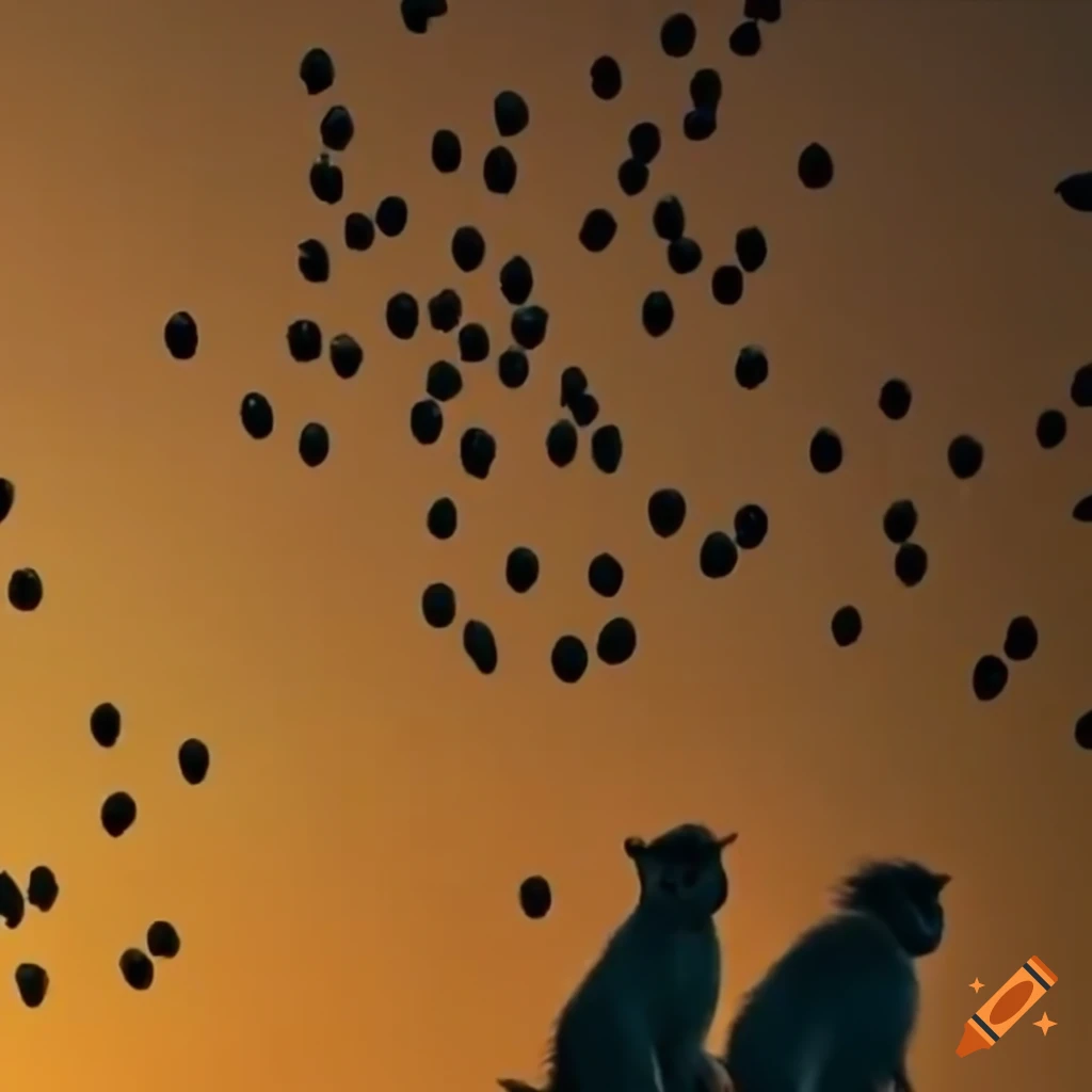 Monkeys observing a swarm of spy balloons in the distance on Craiyon