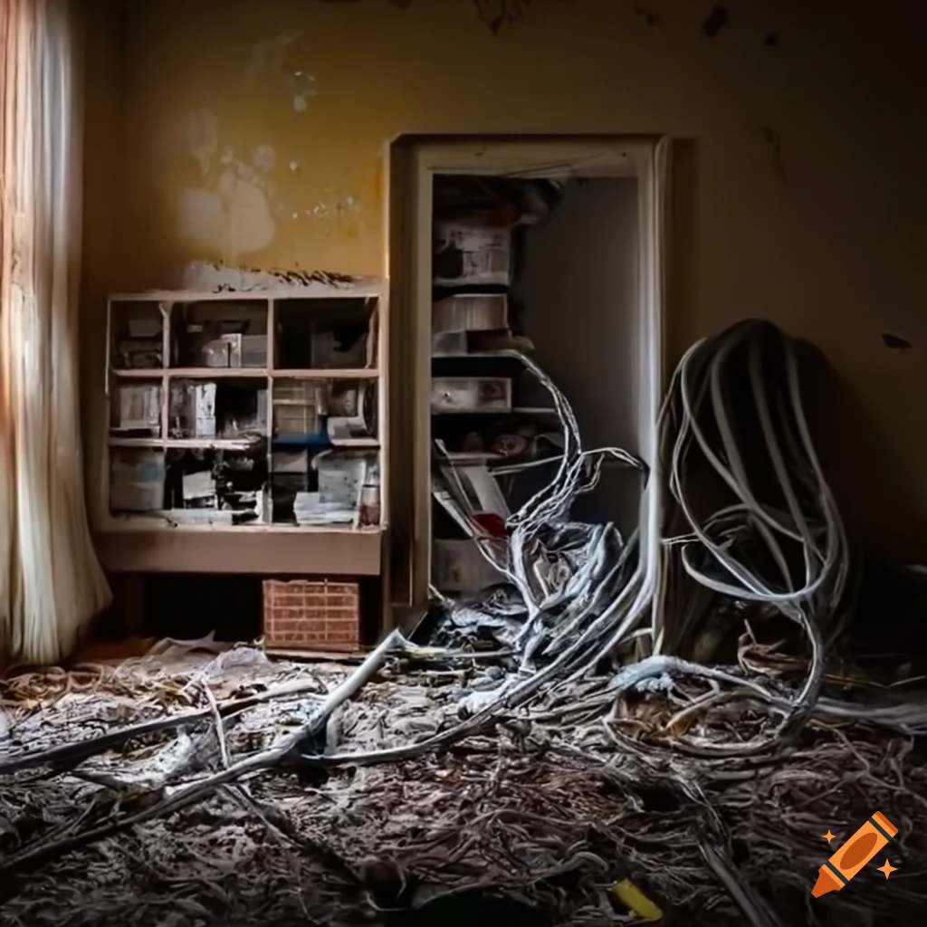 Messy internet cables disconnected in dimly lit abandoned room on Craiyon