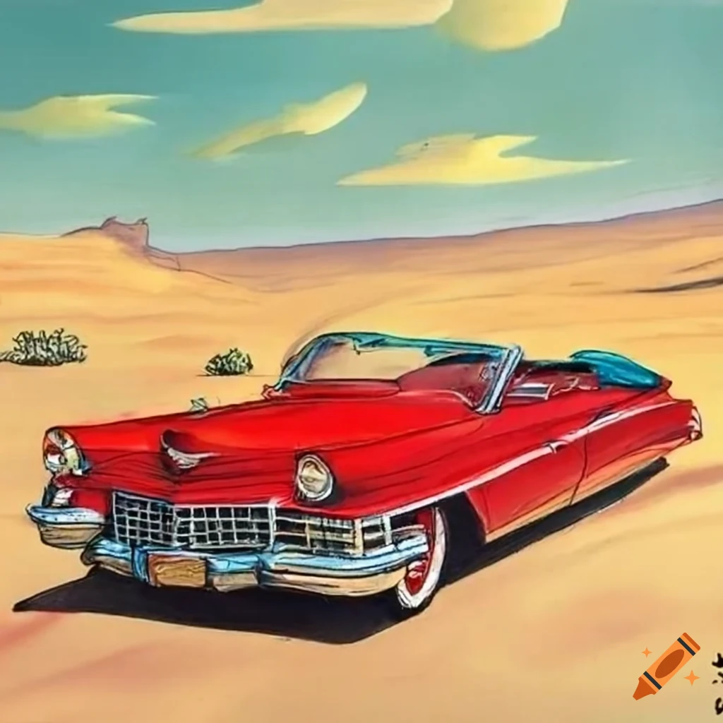 Fire apple red Cadillac convertible racing through the desert in a Ralph Steadman art style on ...