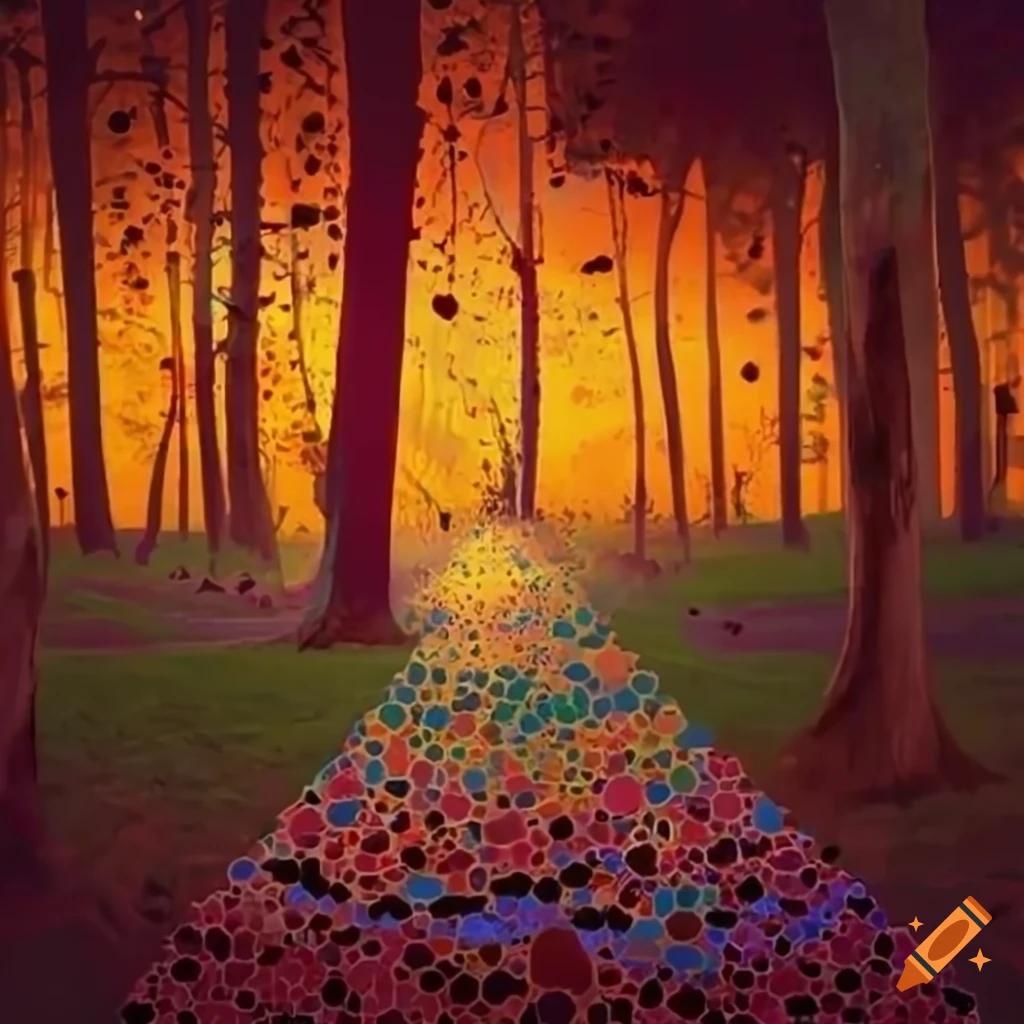 Colorful forest with animals at sunset for color blindness ...