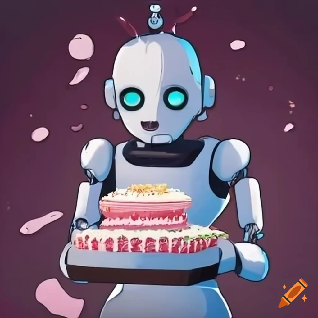 Big white robot giving cake to kids in a restaurant on Craiyon