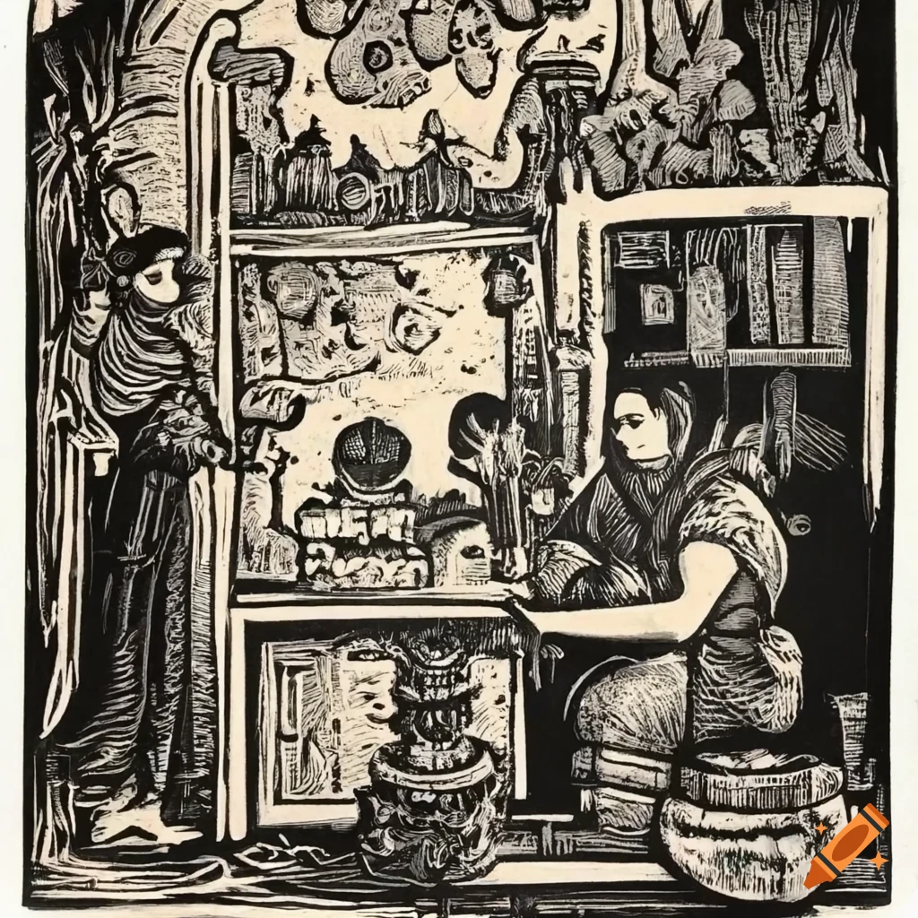 Elven shop keeper in a curiosity shop depicted in a linocut on Craiyon
