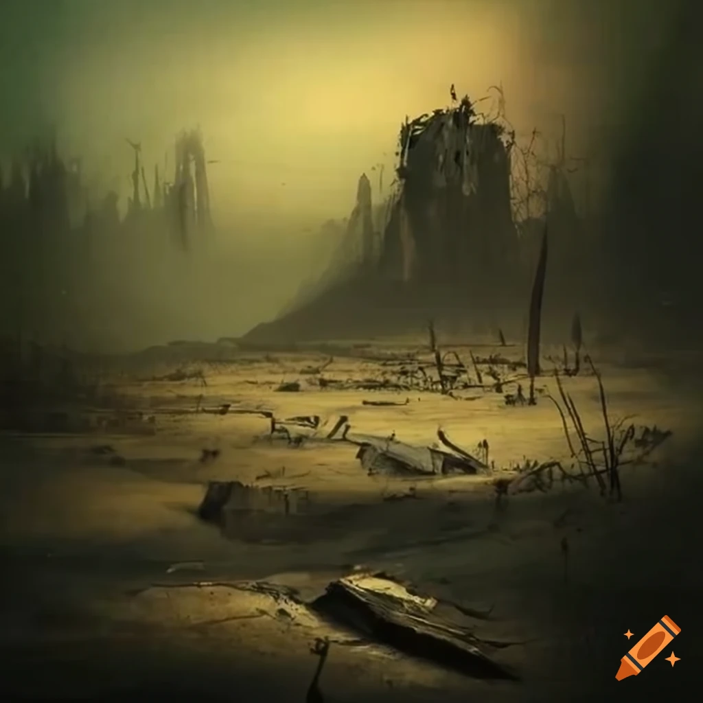 Post-apocalyptic landscape with wreckage and overgrown plants on Craiyon