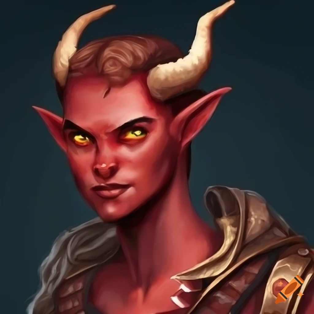 Red-skinned male tiefling warlock in leather armor on Craiyon