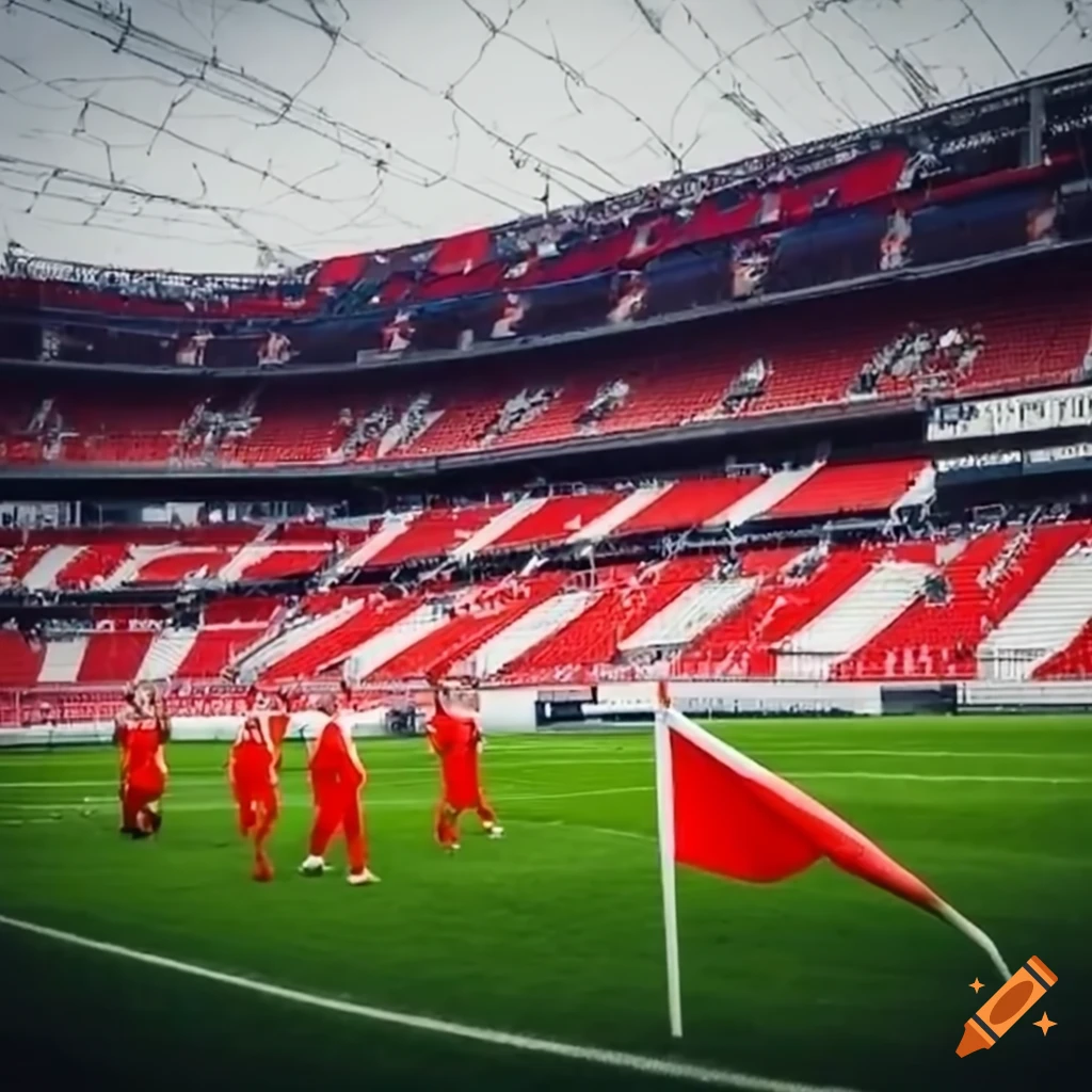 Crowded football stadium with white and red flags on Craiyon