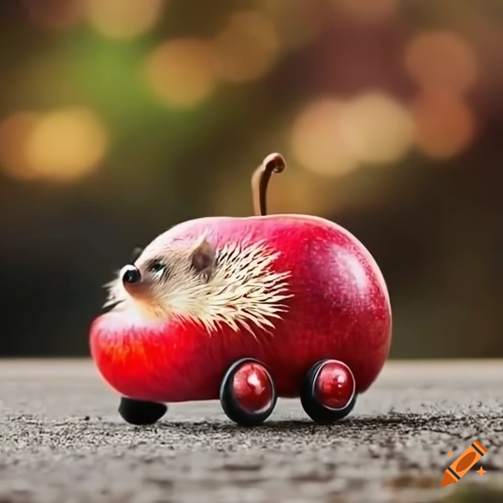 Hedgehog driving a red apple car on Craiyon