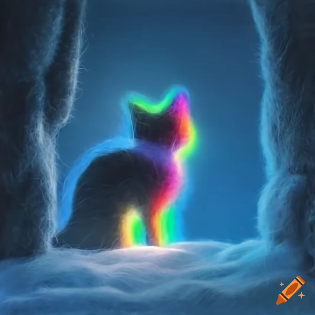 Technicolor needle felt wool cats looking at snowy sky with blue ...