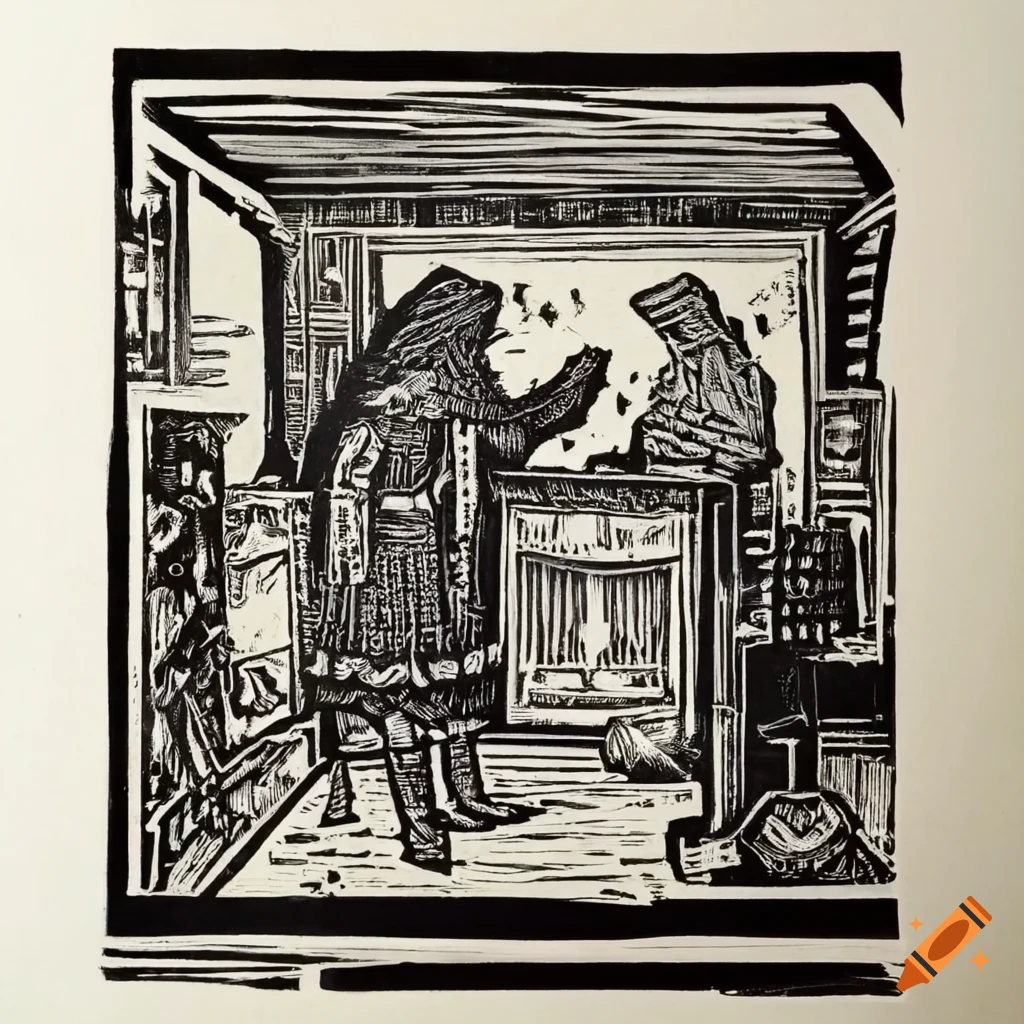 Elven shop keeper in a curiosity shop depicted in a linocut on Craiyon