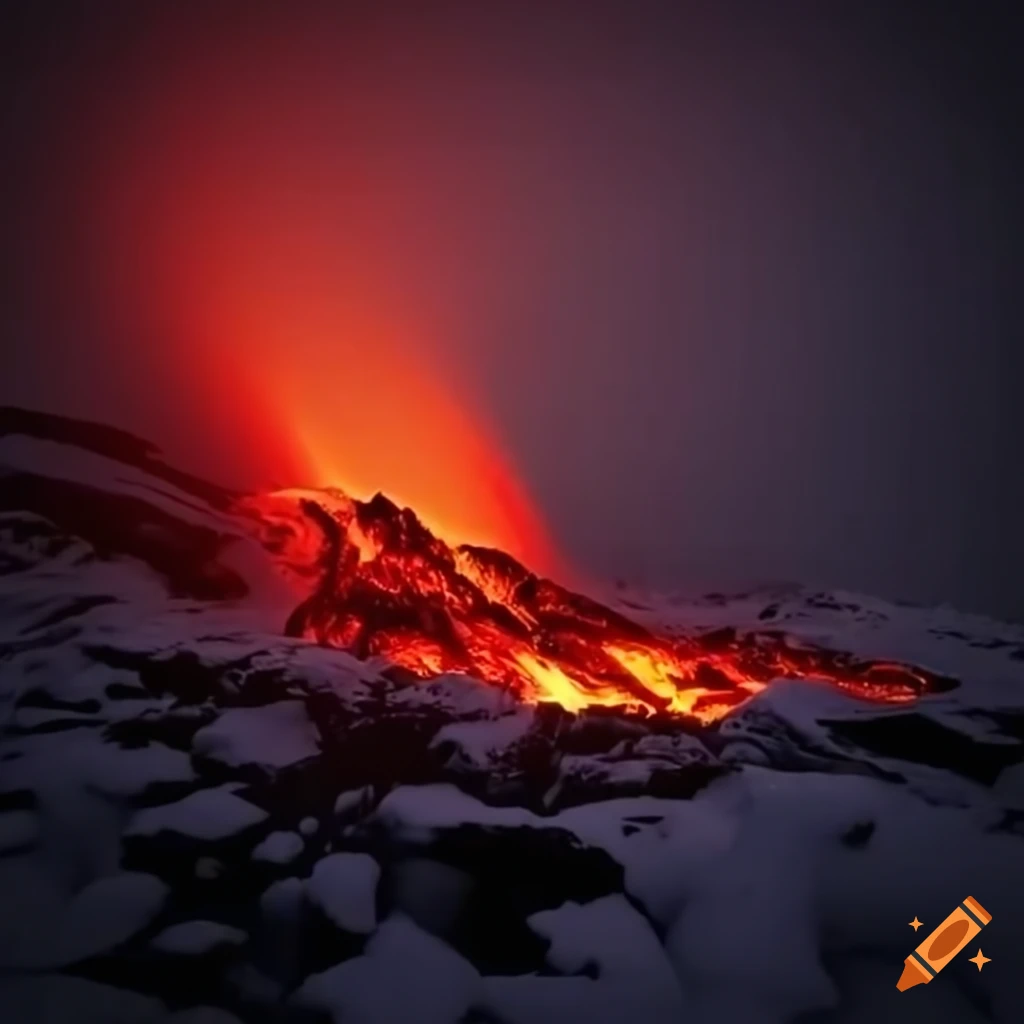 Volcano with frozen lava covered in snow on Craiyon