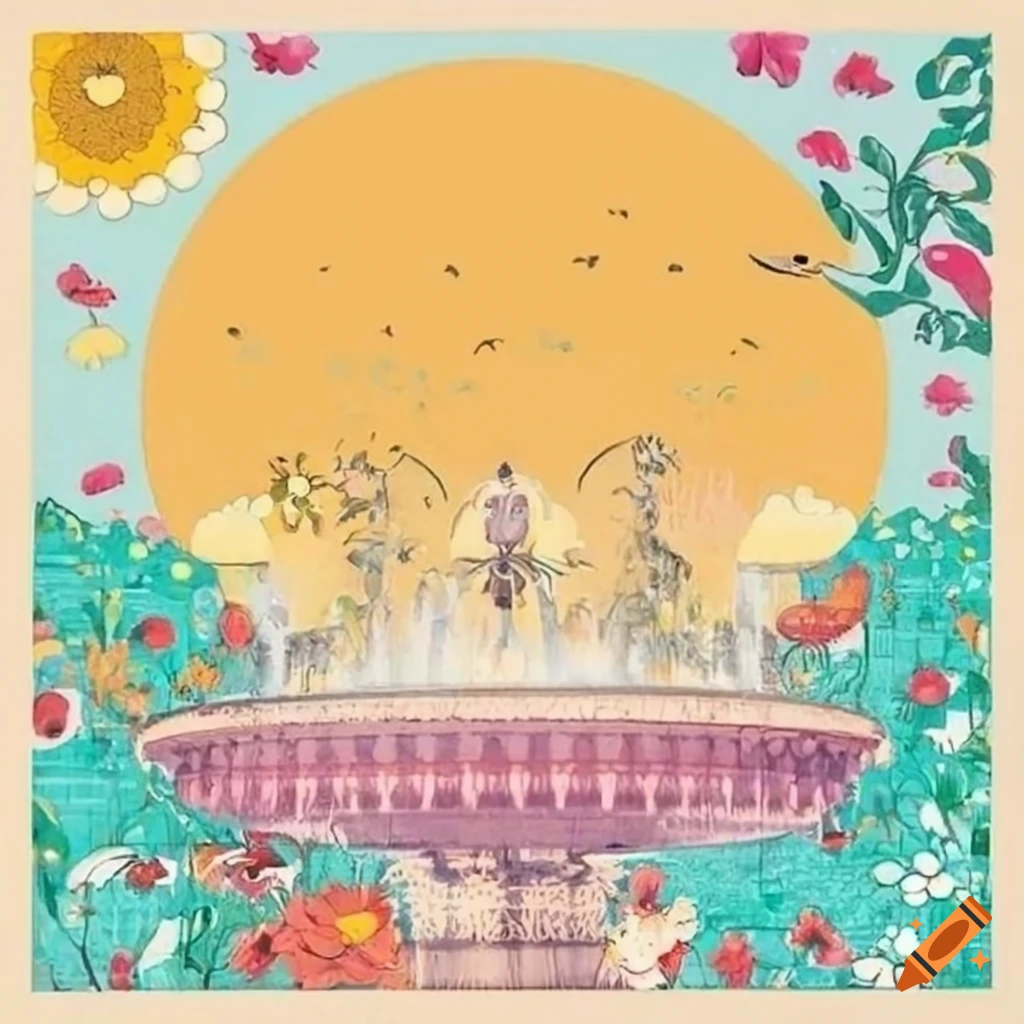 Balboa Park fountain with flowers and birds in anime aesthetic style on ...