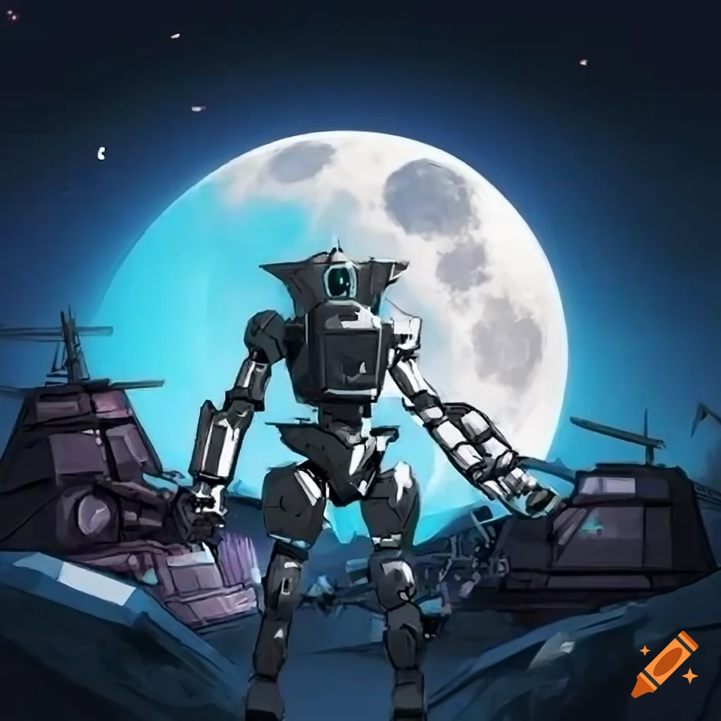 Anime mecha robot during a moon landing with spaceships in the ...