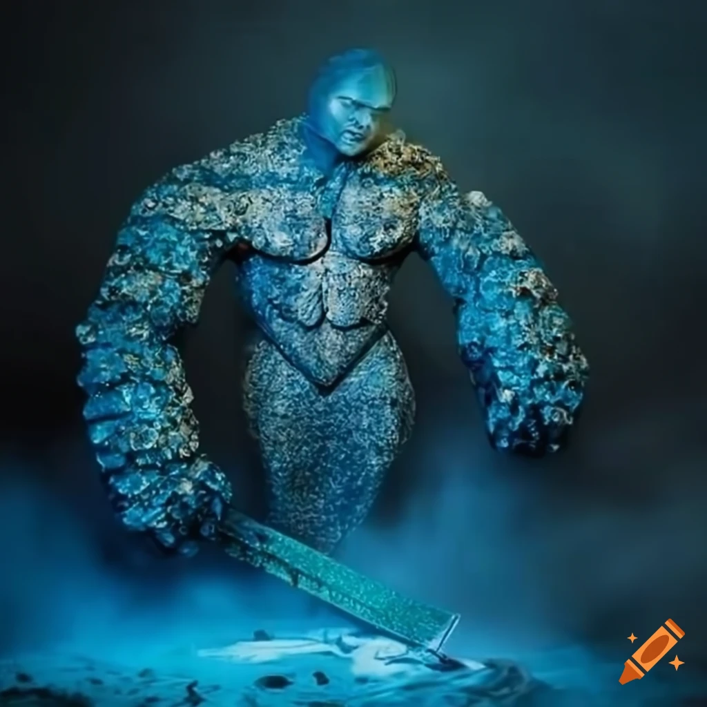 Massive stone golem with a radiant blue gemstone and ethereal sword in ...