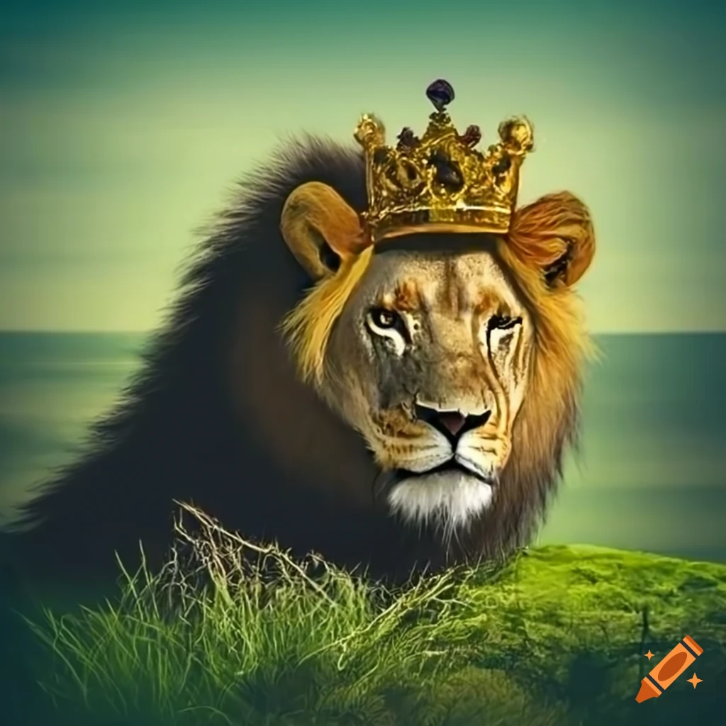 Lion with a crown on a cliff in a green field on Craiyon