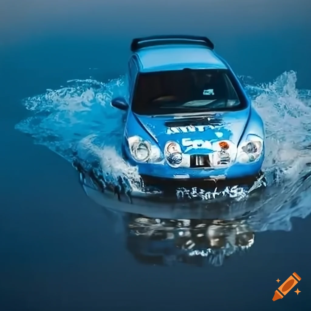 Blue rallye car driving on water on Craiyon