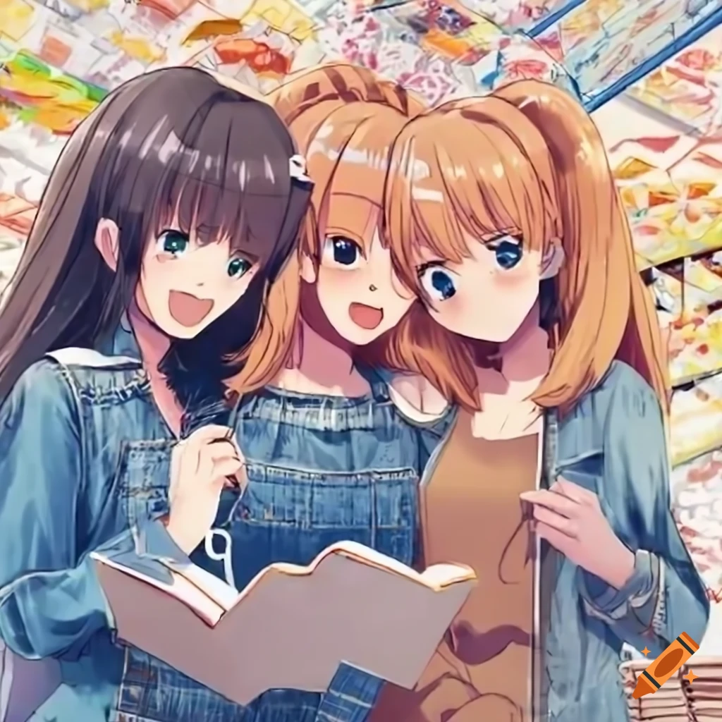 Cheerful anime girls studying together in a busy market with books and ...