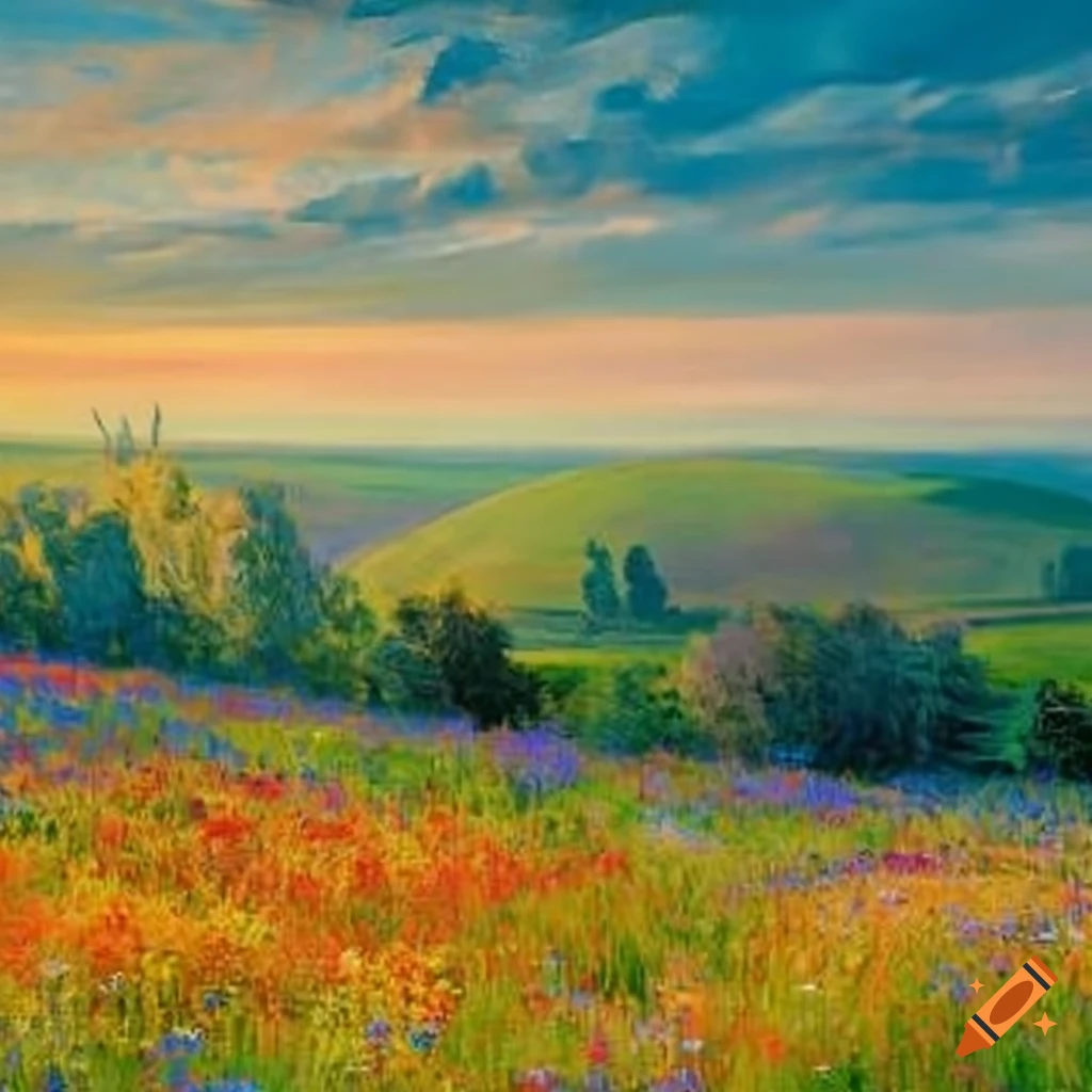 Peaceful rural meadow with colorful wildflowers and rolling hills ...
