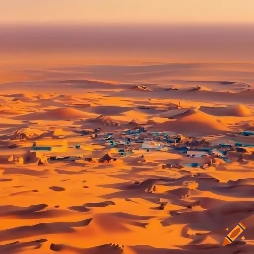 Aerial view of a remote desert town on Craiyon