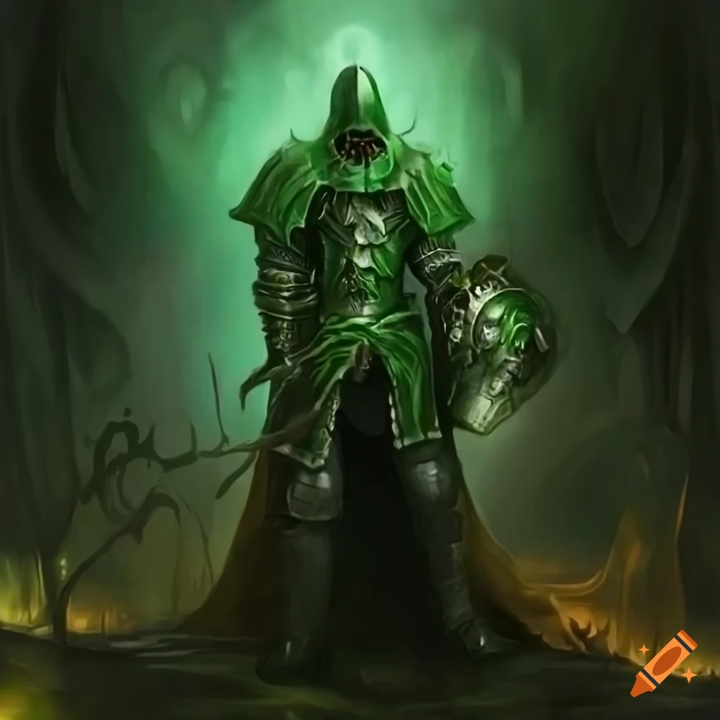 Necromancies knight in green reflective armor in a grim fantasy setting ...