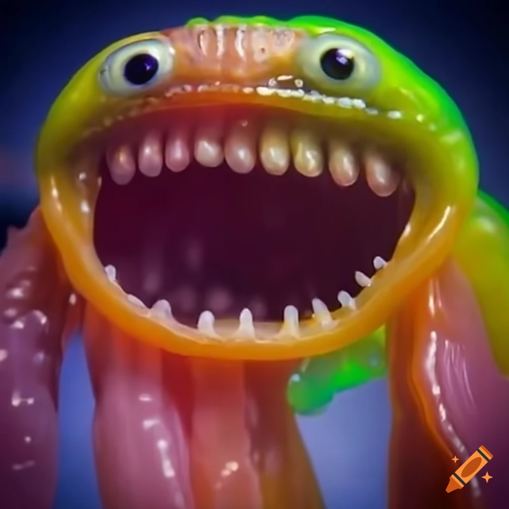 Giant jelly monster rolling out tongue in pov shot on Craiyon