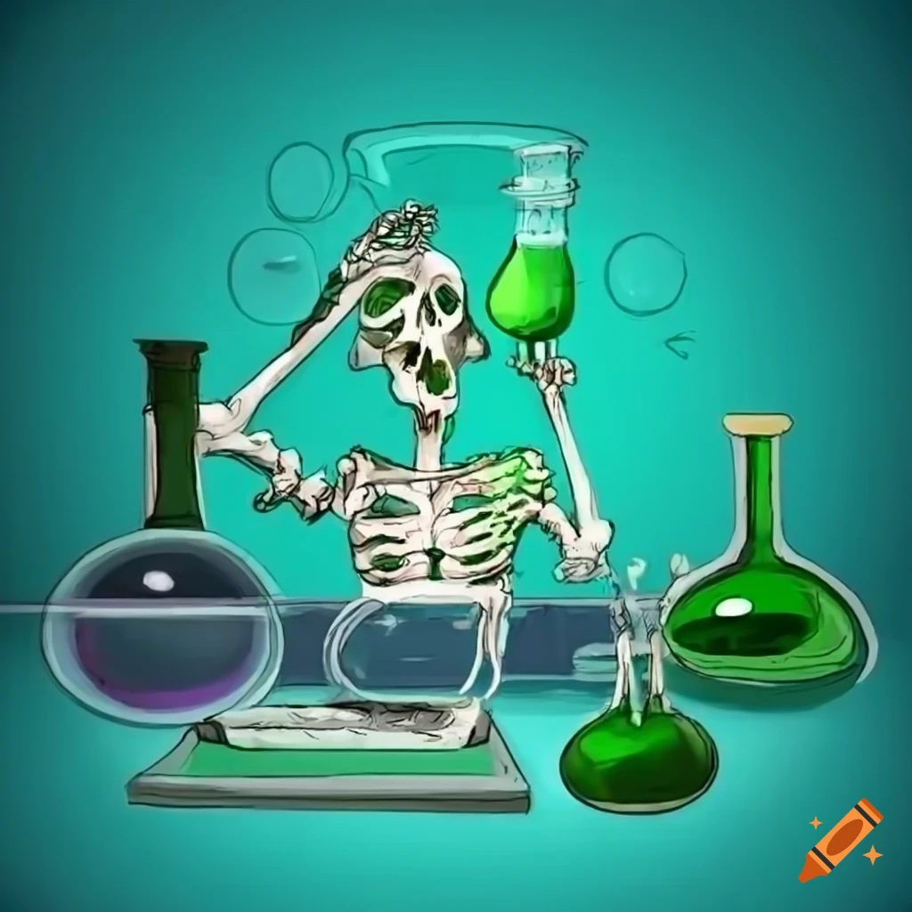 Skeleton scientist creating a green potion in a comic-style laboratory ...